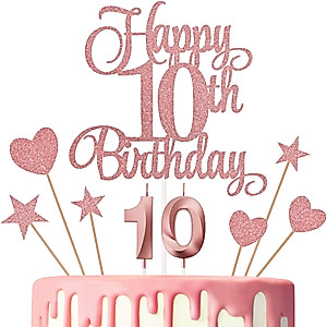 Lecferrarc 10th Birthday Cake Decorations, 10th Birthday Candles Cake Numeral Candles and Glitter Happy 10th Birthday Cake Toppers Set for Birthday Party Supplies (Rose Gold)
