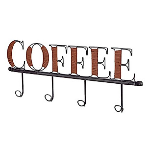 NIKKY HOME Coffee Mug Wall Rack, Metal Coffee Cup Holder Wall Mounted with 4 Hooks and Rustic Leather Mug Holder Coffee Word Sign and Cutout Design