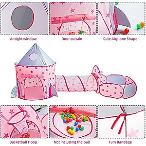 wilwolfer 3PC Princess Tent for Girls with Kids Play Tents, Crawl Tunnel and Baby Ball Pit for Toddlers, Pink Pop Up Playhouse Toys for Boys Indoor& Outdoor Games, Birthday Kid’s Gifts