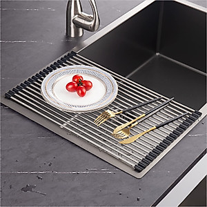 EMBATHER Roll Up Dish Drying Rack Over The Sink, Dish Drying Rack for Kitchen Counter, Multipurpose Stainless Steel Foldable Kitchen Drainer Rack, Anti-Slip, (Black, 17.8"x11.8")