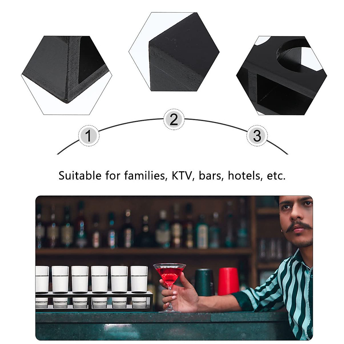 DOITOOL Black Shot Glass Holder Rack, Professional Wooden Holder for Tequila, 6 Thick Base Shot Serving Tray for Whiskey, Vodka, Tequila, Cocktail, Soju, Party, Bar, Nightclub