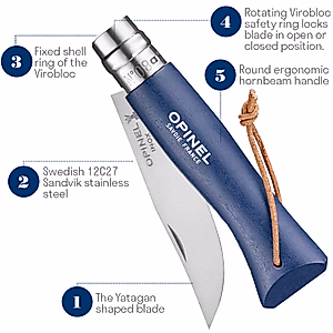 Opinel Colorama Series No. 8 - Stainless Steel Everyday Carry Folding Pocket Knife with Leather Strap, Painted Hornbeam Handles, Deep Blue