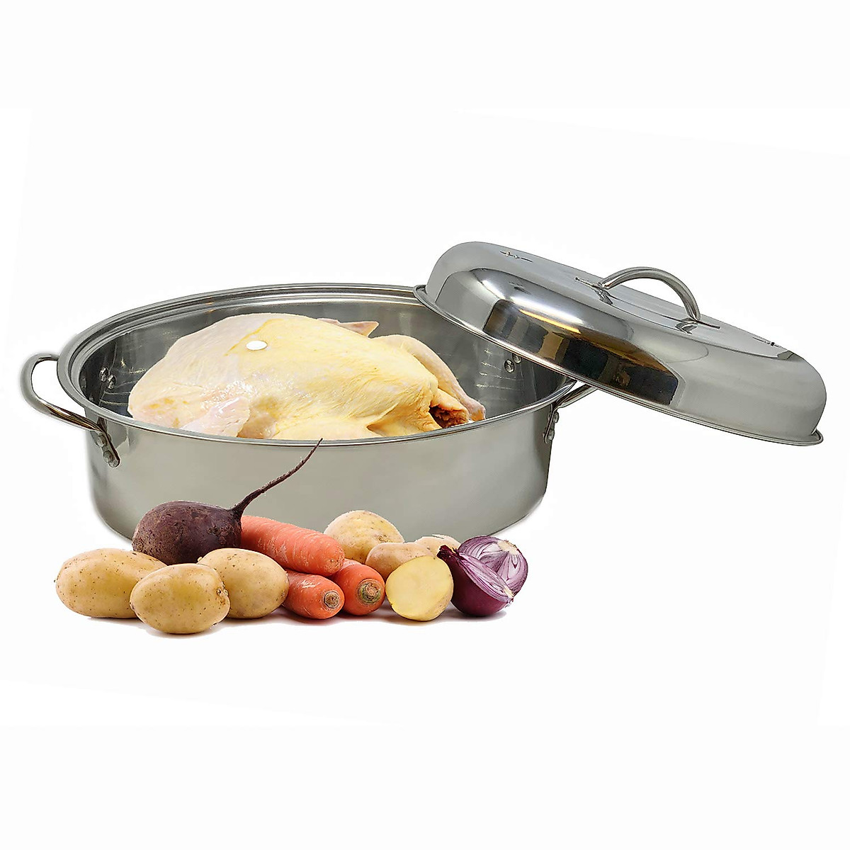 Professional Stainless Steel Oval Roaster with Wire Rack and High Dome for Turkey Ham Chicken Meat Roasts Casseroles & Vegetables | Induction Safe