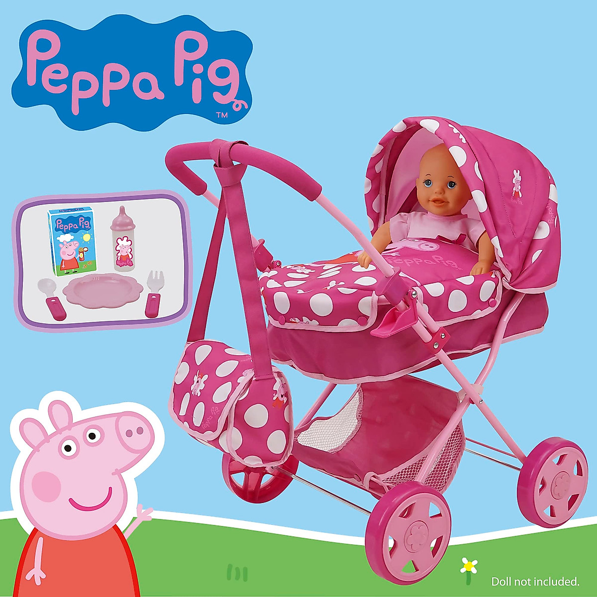 Peppa Pig: Baby Classic Doll Pram Set - Pink & White Dots - 7 Piece Set, Fits Dolls Up to 18", Retractable Canopy, Storage Basket, Diaper Bag & 5 Feeding Accessories, Pretend Play for Kids Ages 3+