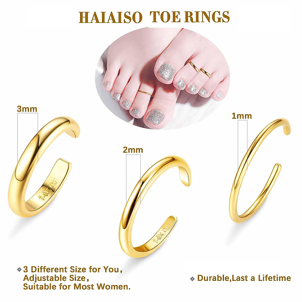 HAIAISO Toe Rings for Women Adjustable Thin Open Band Toe Ring Summer Beach Foot Jewelry