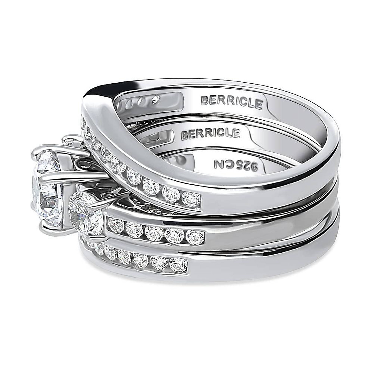 BERRICLE Sterling Silver 3-Stone Wedding Engagement Rings Round Cubic Zirconia CZ Ring Set for Women, Rhodium Plated Size 8