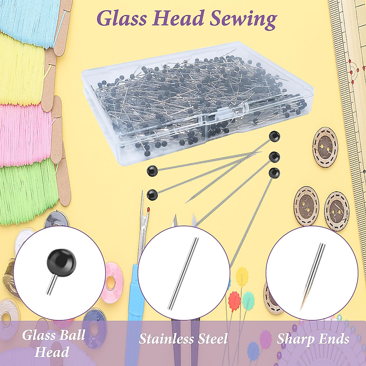 Sunenlyst Sewing Pins, 500 Pcs Straight Pins Ball Glass Head Pins with 1.5 Inch,Quilting Sewing Pins for Fabric, Black Pins for Jewelry DIY, Craft and Sewing Supplies
