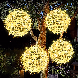 4 Pcs 16'' Christmas Outdoor Light Balls Hanging Tree Globe Lights LED Garden Tree Lights Rattan Lighted Sphere Balls Waterproof Lighted Globe Light for Tree Outdoor Indoor Party Yard Lawn Porch Decor