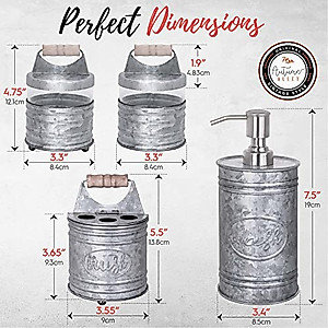 Autumn Alley Rustic Bathroom Accessories Set 4 - Galvanized Farmhouse Soap Dispenser, Rustic Toothbrush Holder, 2 Apothecary Jars Qtip Holder - Rustic Bathroom Decor – Farmhouse Bathroom Accessories