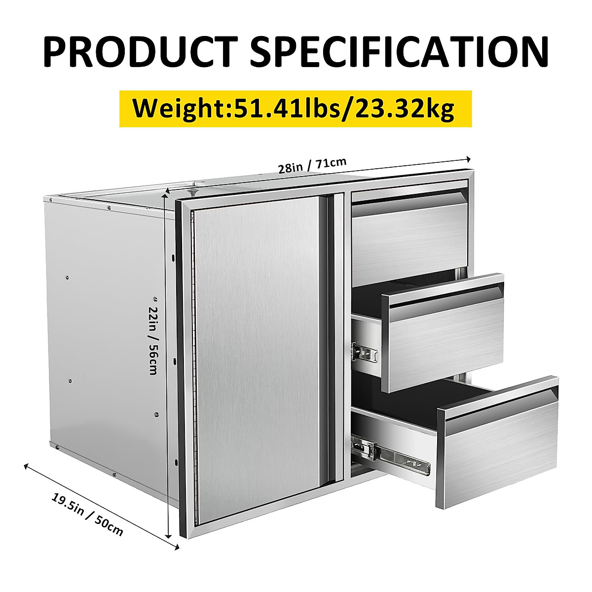 SGOLAN Outdoor Kitchen Door Drawer Combo Cabinet 28" W x 22" H x 19.5" D Stainless Steel Built-in Triple Drawers&Access Door Combo Cabinet for Outdoor Kitchen Island