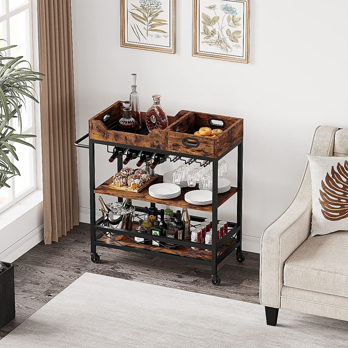 IDEALHOUSE 3 Tier Bar Carts for The Home, Rustic Brown Bar Cart with Wheels, Two Portable Trays, Wine Rack, Glasses Holder, Industrial Serving Cart for Kichen, Living Room, Dining Room