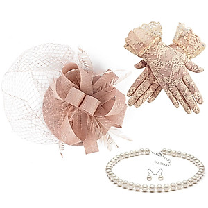 Gionforsy Pillbox Fascinator Veil Feather Derby Hat Lace Gloves Pearl Necklace (Style 8-Pink)