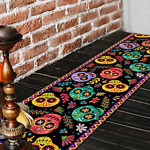 72 x 13 Inch Day of The Dead Table Runner - Colorful Sugar Skull and Floral Pattern Table Runner for Dia de Los Muertos, Holiday, Home, Kitchen, Mantel, Dining Table Decor, Mexican Party Supplies