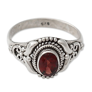 NOVICA Artisan Handmade Garnet Cocktail Ring Traditional Style Silver India Sterling Red Single Stone Marsala Fiesta Aurora Birthstone [ring Front 0.5 in L x 0.4 in W x 0.2 in H Band Width 3 mm W] '