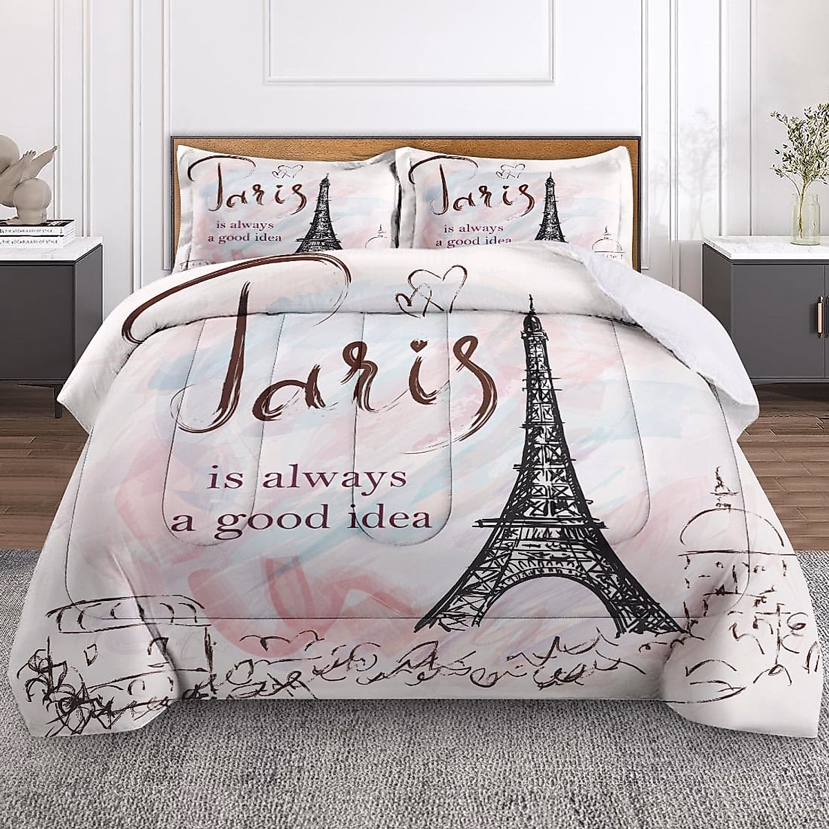 Nesphy Pink Paris Comforter Set for Boy Girl Children Teens Twin, Modern French Style Romantic Theme Bedding Sets Water Washed Microfiber Bedding with 1 Comforter 1 Pillowcase All Season