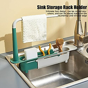 Telescopic Sink Storage Rack Kitchen Rag Rack Shelf Organizer Dishwashing Hook Pull Drain Basket Under Sink Organizers (Green)