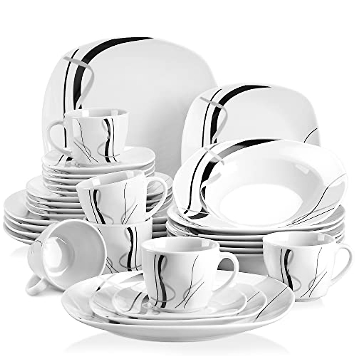 VEWEET, Series Fiona, 30-Piece Dinnerware Sets for 6, White Dishes Set with Black and Gray Stripes, Porcelain Dinner Set Including Dessert Plates, Soup Plates, Dinner Plates, Cups & Saucers