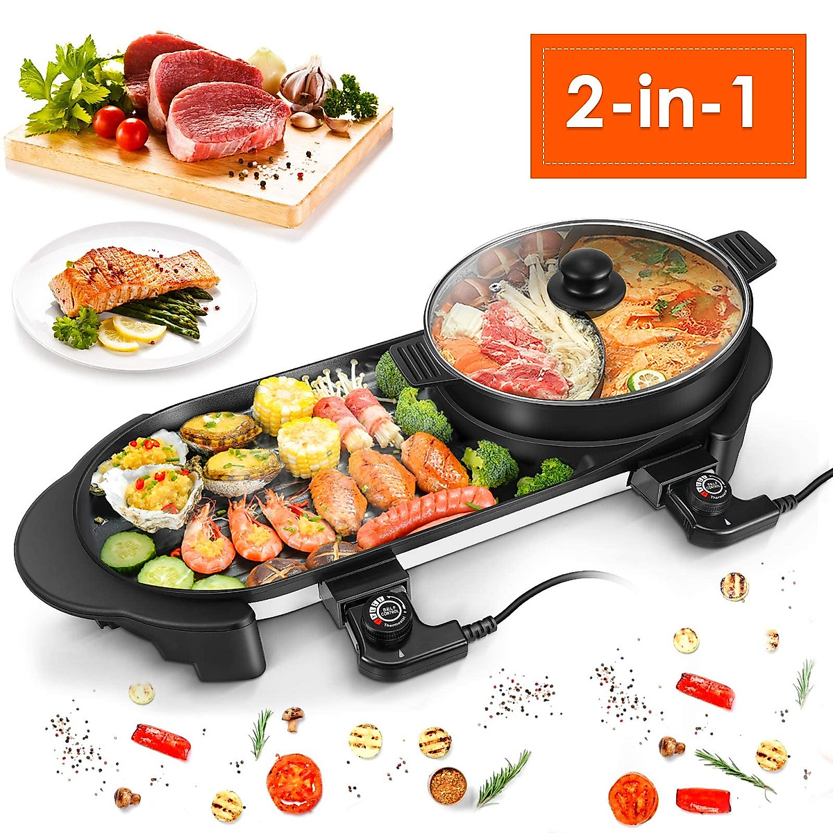 SEAAN Electric Removable Shabu-shabu Pot Grill Detachable Barbecue Grill with Large Capacity Baking Tray Non-Stick BBQ Pan Adjustable Temperature Double Flavor Hot Pot 110V