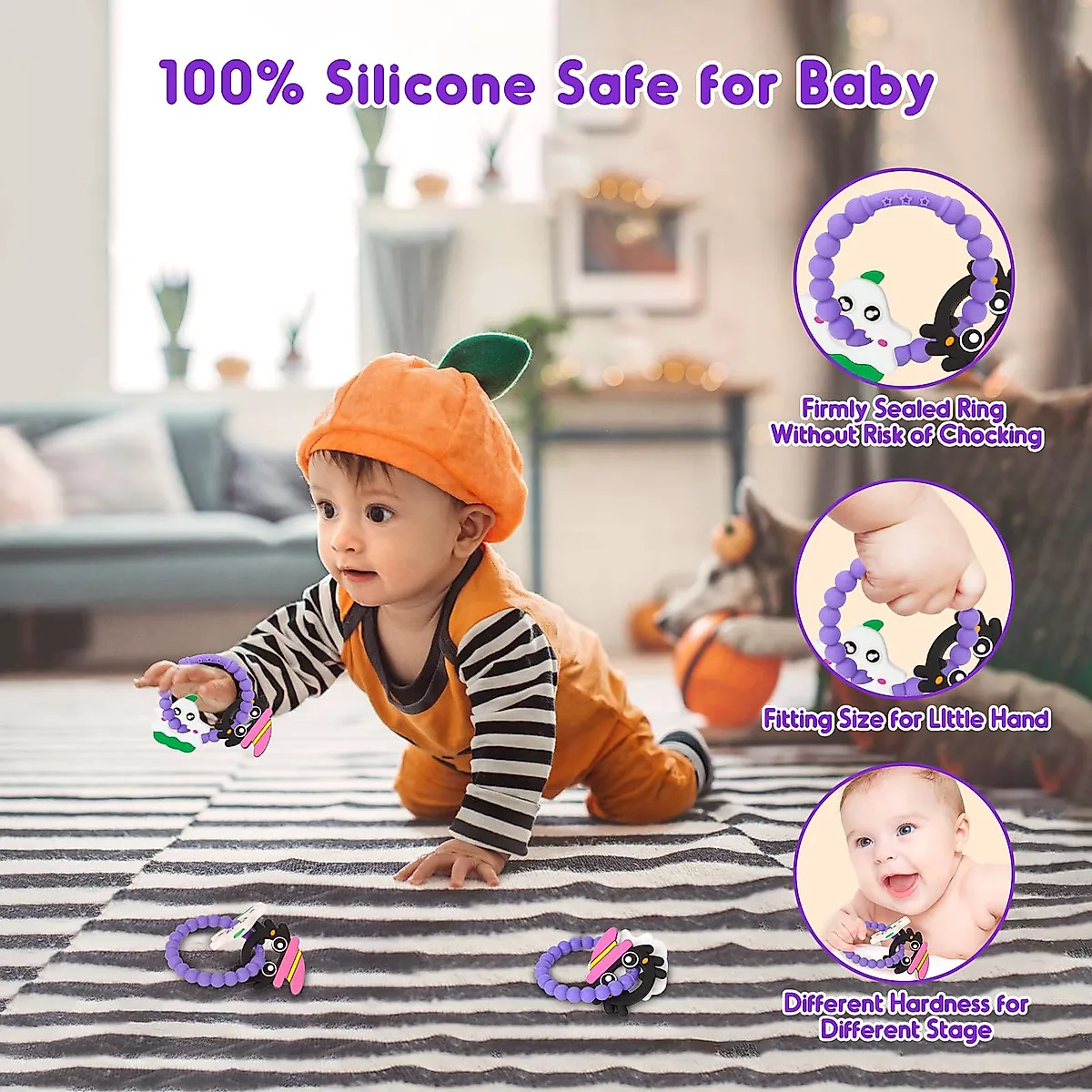 Halloween Cute Teething Ring, White Ghost & Pumpkin - Soft Silicone, Lovely Gifts 3-12 Months