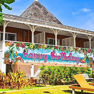 Hawaiian Luau Birthday Party Decoration Banner, Aloha Tropical Flamingo Birthday Party Supplies Yard Sign, Luau Party Birthday Party Background for Indoor Outdoor Decoration (Rose Red)