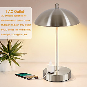 Modern Desk Lamp with AC Adapter,12" 3-Way Dimmable Touch Bedside Reading Lamp, Minimalist Silver Small Nightstand Table Lamp with Mushroom Dome Shade for Bedroom Living Room Office, LED Bulb Included