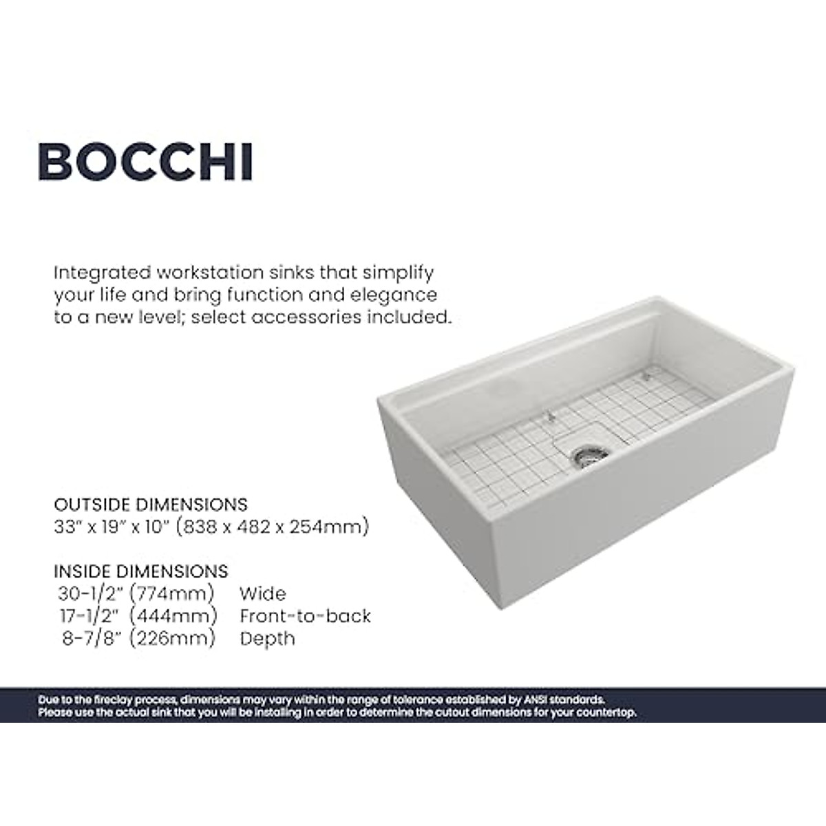 BOCCHI Contempo Workstation Apron Front Step Rim Fireclay 33 in. Single Bowl Kitchen Sink with Accessories in White