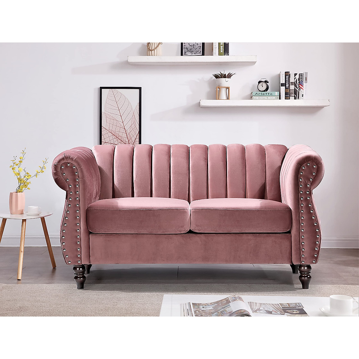 US Pride Furniture Chesterfield Rolled Arm Modern Style Fabric Rose Velvet Soft Living Room Loveseat with Removable Back Cushions & Solid Wood Support (S5644-5649) Sofas