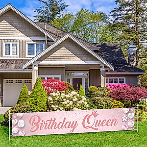 Pink Birthday Queen Large Banner Sign, Happy Birthday Party Decorations Supplies For Women, Birthday Gifts for Women Outside Outdoor Decor