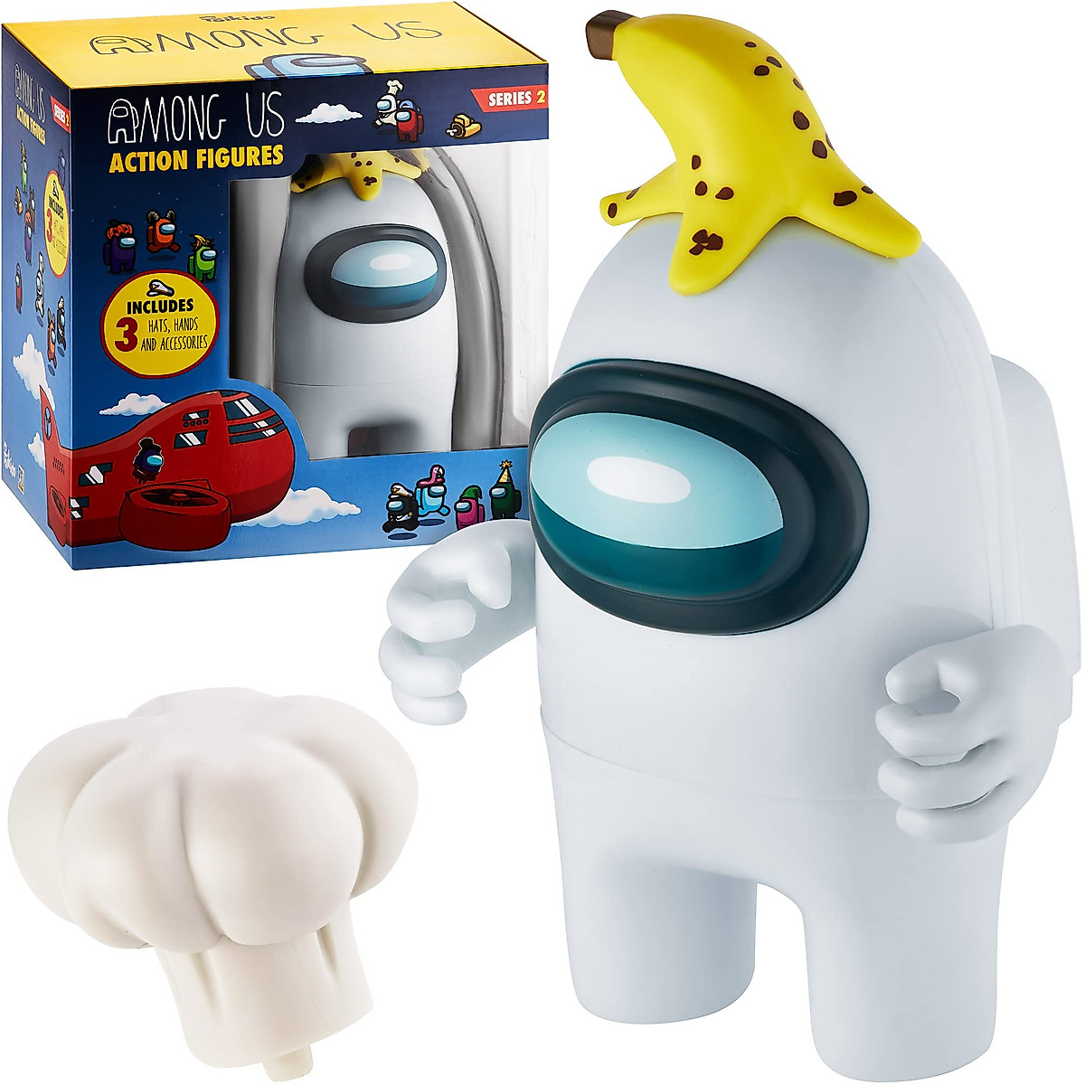 P.M.I. Among Us Action Figure |One of Four 6.7-Inch-Tall Collectibles | Among Us Toys and Playable Mini Toys | White Crewmate in The Spotted Peeled Banana Hat with Hidden Hat and Hands | Kids’ Toys