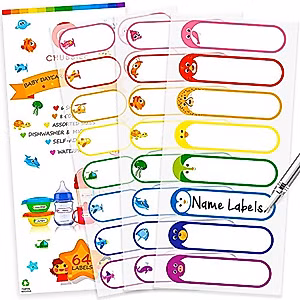 Baby Bottle Labels for Daycare, Self-Laminating, Waterproof Write-On Name Labels, Assorted Sizes & Colors, Pack of 64