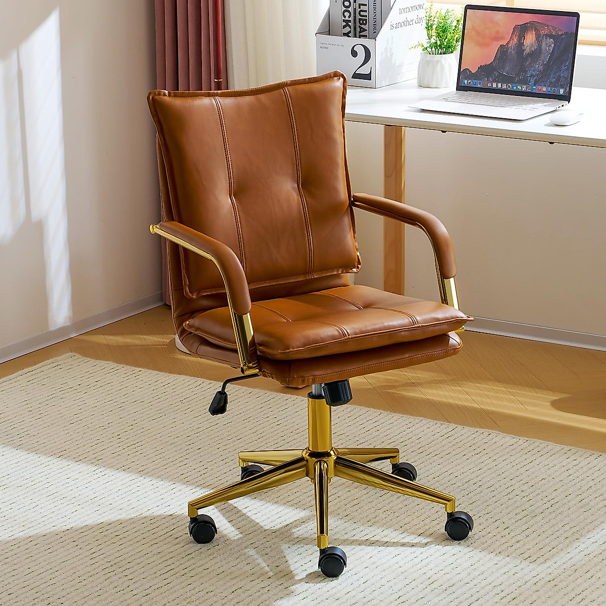 Mid-Back Ergonomic Leather Office Chair, Modern Upholstered Executive Desk Chair with Gold Frame Armrest Computer Task Chair (Camel)