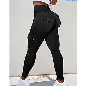 Flamingals Butt Lifting Leggings with Flap Pockets Workout Cargo Leggings for Women Black S