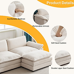 Karl home Sectional Sofa Modular Deep Seat Sofa Couch with Ottoman, Teddy Fleece Sofa Sleeper Comfy Upholstered Furniture for Living Room, Apartment, Studio, Office, (3-Seat & 1-Ottoman, White)