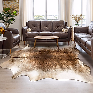 AROGAN Western Decor Faux Fur Cowhide Rug, 4.6 x 5.2 Feet Premium Animal Skin Cow Hide Rug, Sturdy Cow Print Rugs for Wall Decor, Western Floor Carpet for Bedroom Living Room, Brownish