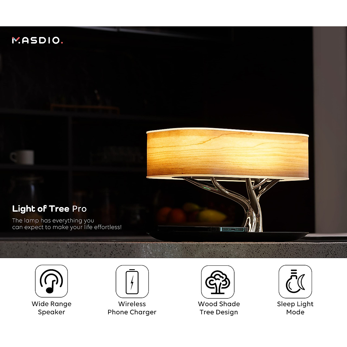 Masdio Bedside Lamp Light of Tree Pro Desk Lamp with 10W Fast Wireless Charger and Bluetooth Speaker, Touch Lamp for Bedroom