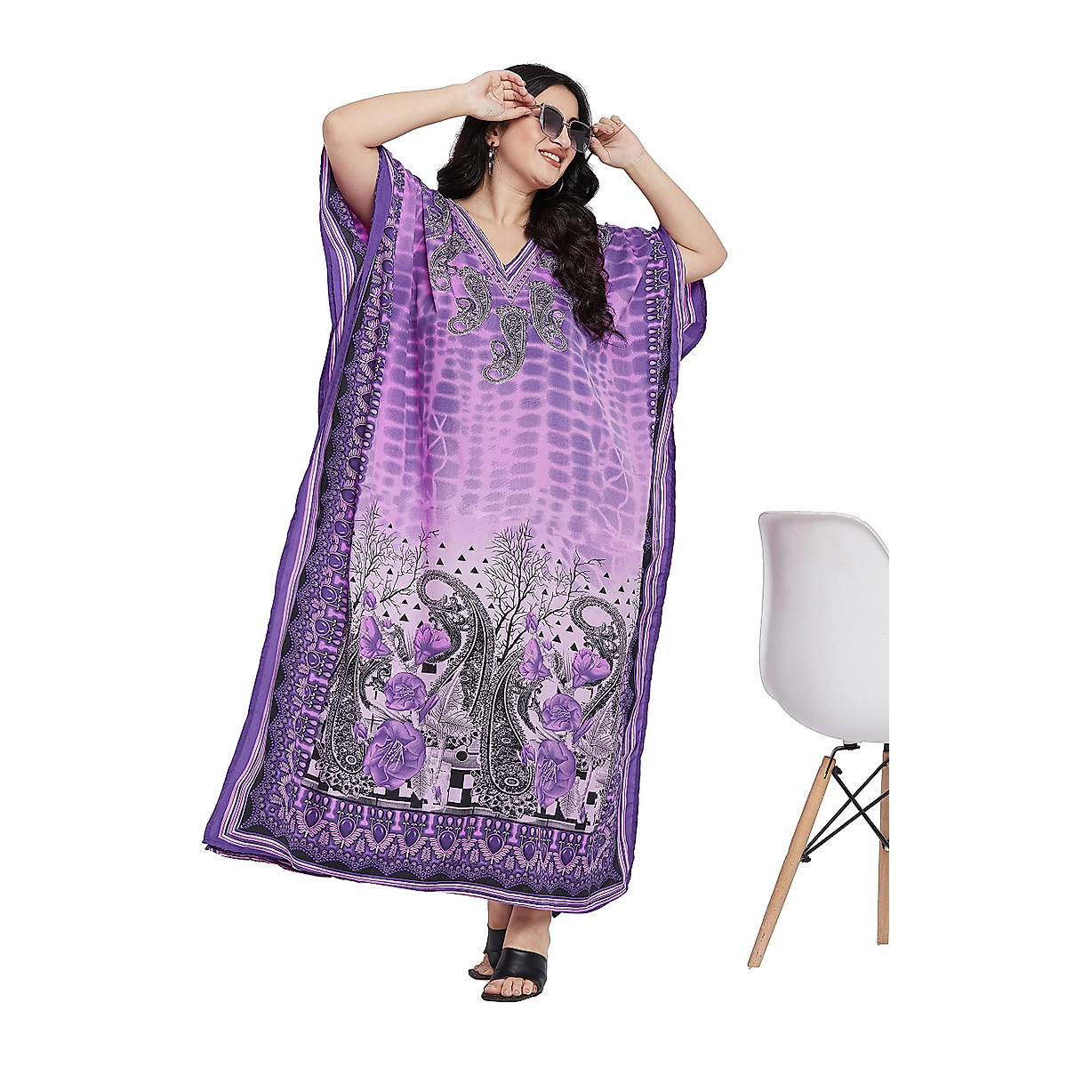 Oussum Women Plus Size Kaftans Kimono Style Polyester Dresses Loose Caftan Dress Ladies Evening Casual Long Maxi (Multicolor Yellow Pattern)