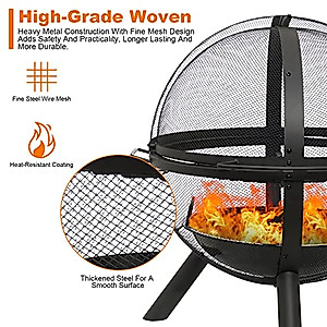 Catalina Creations Heavy Duty Round Fire Pit with Removable BBQ Grill and Mesh Spark Screen Outdoor Wood Burning Firepit Steel Firepit Bowl for Garden Bonfire Camping Picnic - Black
