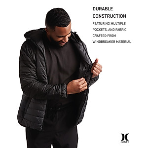 Hurley Men's Jacket - Balsam Lightweight Packable Puffer Coat - Weather Resistant Outerwear Windbreaker Coat for Men (M-XL), Size Medium, Grey Black