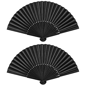 Minelife 2 Pack Bamboo Silk Folding Fan Handheld, Chinese Vintage Retro Fabric Fans, Black Hand Fan for Performance, Dance, Fighting, Wedding, Church, Party & Gift