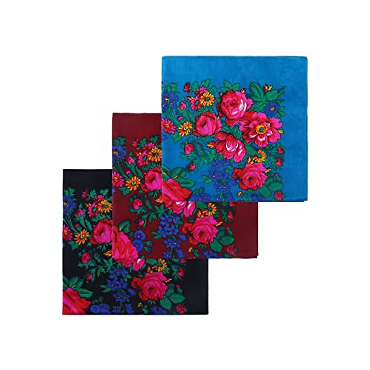 MJ SERECA Acrylic Bandana Printed Hair Scarf Square Ukrainian Head Scarf Floral Babushka Neck Scarf for Women 30"/42"/60" (3 Pack-A 30")