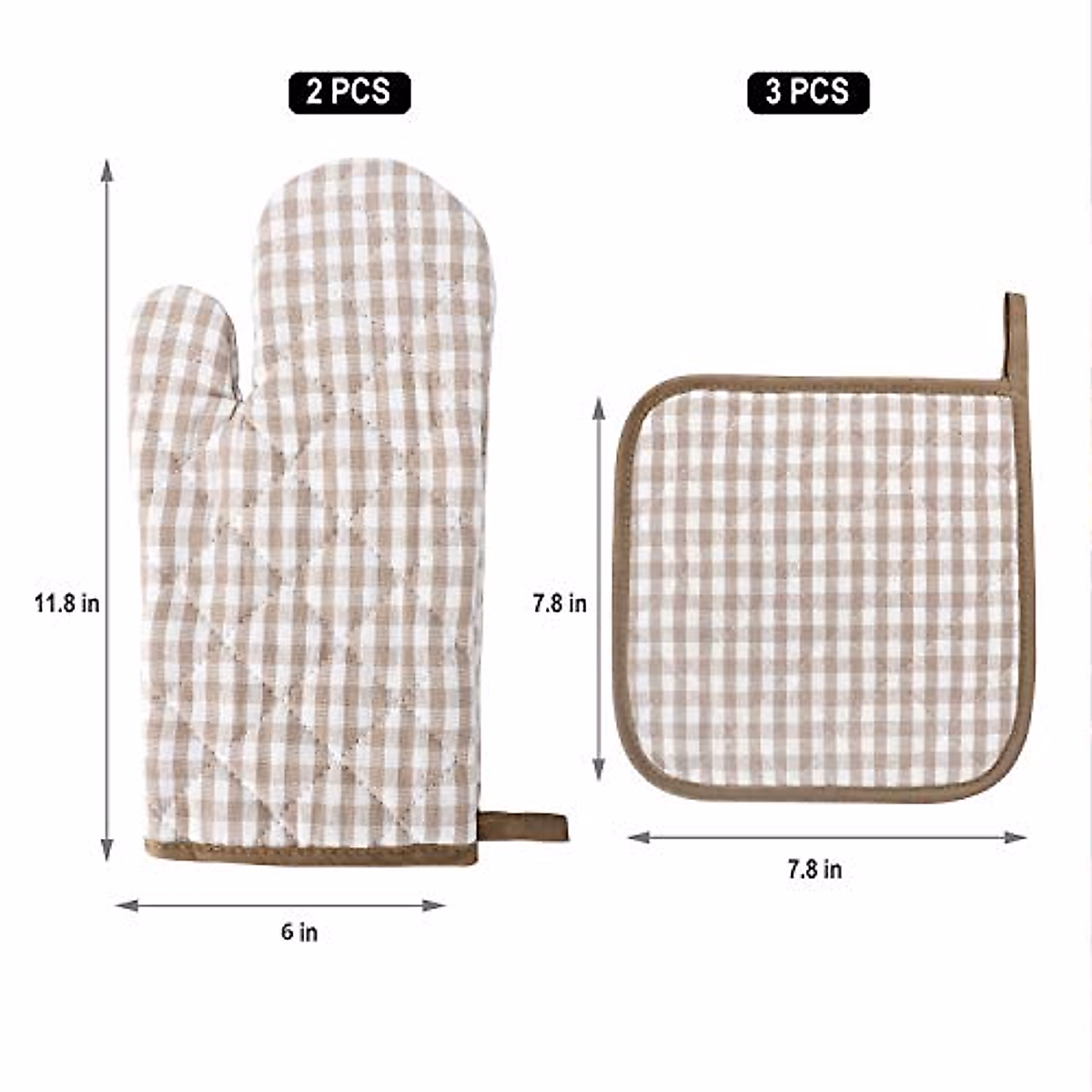 Oven Mitts and Pot Holders, 5 pcs Heat Resistant Cotton Vintage Gingham Oven Mitts and Potholders Hot Pads Mats Coasters Set for Cooking Baking (Light Brown Set)