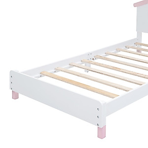 Harper & Bright Designs Twin Bed Frames with House-Shaped Headboard, Wooden Kids Twin Platform Bed Frame with Motion Activated Night Lights, Cute Single Twin Bed for Girls Boys, White+Pink