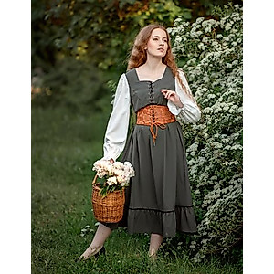 Renaissance Faire Costume Women Long Sleeve Midi Dress Modest Dress A Line Ruffle Medieval Dress Green L