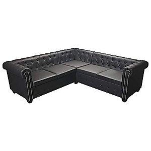 INLIFE Chesterfield Corner Sofa L Shape 5-Seater Faux Leather Sectional Sofa Couch with Armrest for Living Room,Office,Lobby Black 80.7"x 80.7"x 28.7" (LxWxH)