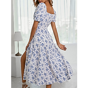 WDIRARA Women's Floral Print Tie Front Square Neck Short Sleeve Split Thigh Dress Blue and White L