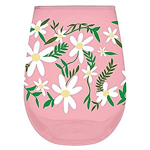 slant collections Stemless Wine Glass Bridal Shower Wedding Gift, 20-Ounce, Daisies