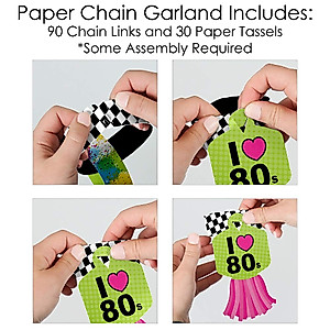 Big Dot of Happiness 80’s Retro - 90 Chain Links and 30 Paper Tassels Decoration Kit - Totally 1980s Party Paper Chains Garland - 21 feet