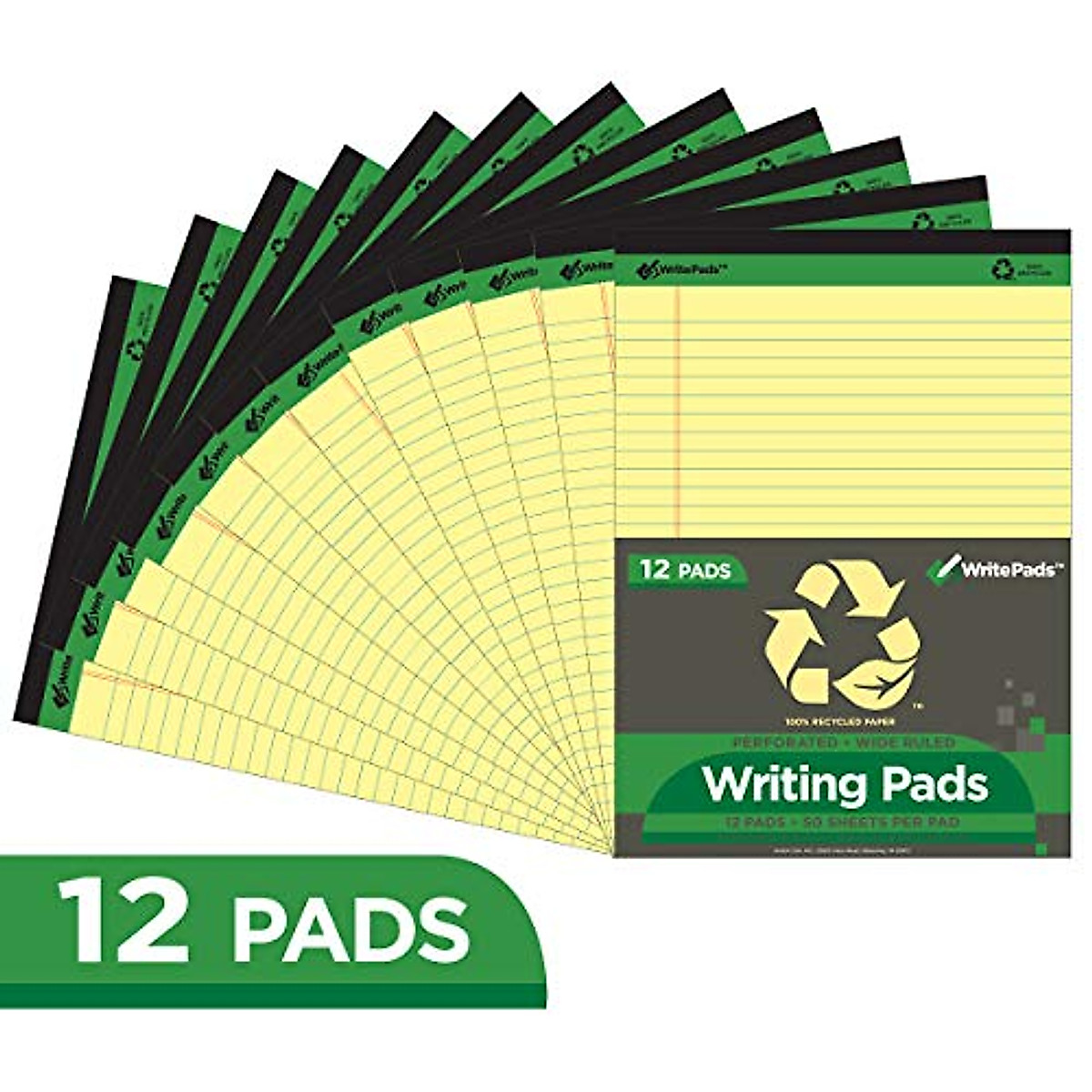 KAISA Legal Pads Writing Pads Recycled Paper, 8.5"x11.75" Wide Ruled Perforated 50 sheets Notepads 8-1/2"x 11-3/4" Writed Pad, Canary (Pack of 12pc) KSU-5668