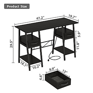 YAOHUOO 47 Inch Computer Desk with 2 Wooden Drawers/Power Outlet/USB Charging Port, Home Office Desks with Storage Shelves for Bedroom,Modern Writing Desk,Work Desk,Study Table(Black)