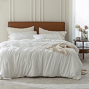 FOSSA Duvet Cover Set 100% Washed Cotton 3 Pieces Bedding Set Twill Soft Cozy Breathable Sturdy Substantial with Textured Weave Solid White Queen